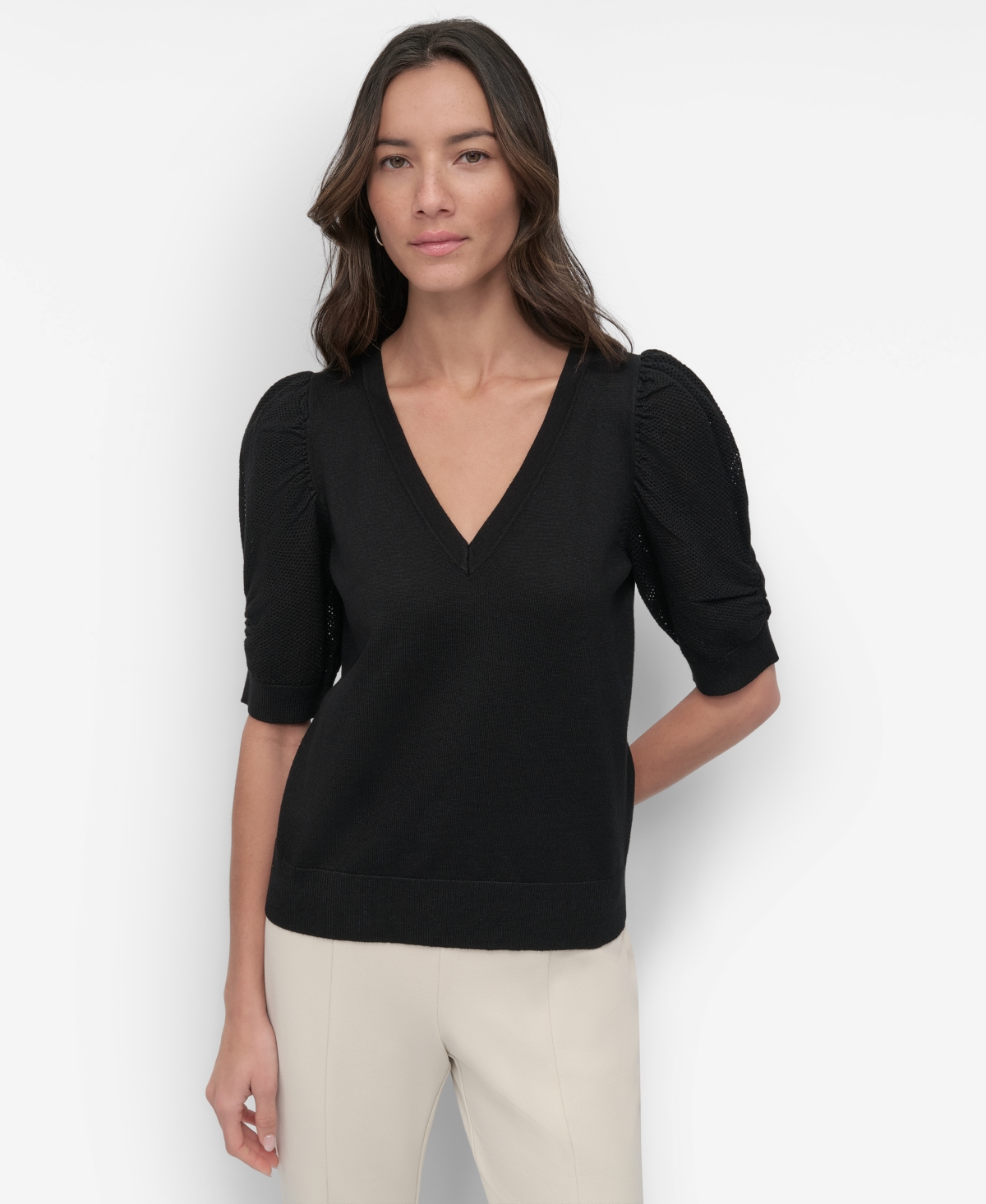 Click here for Dkny Womens Puff-Sleeve V-Neck Sweater - Black prices
