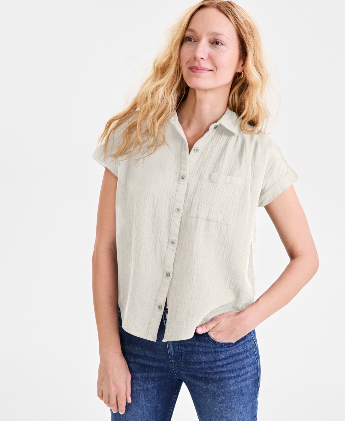 Click here for Style & Co Womens Cotton Gauze Short-Sleeve Button... prices