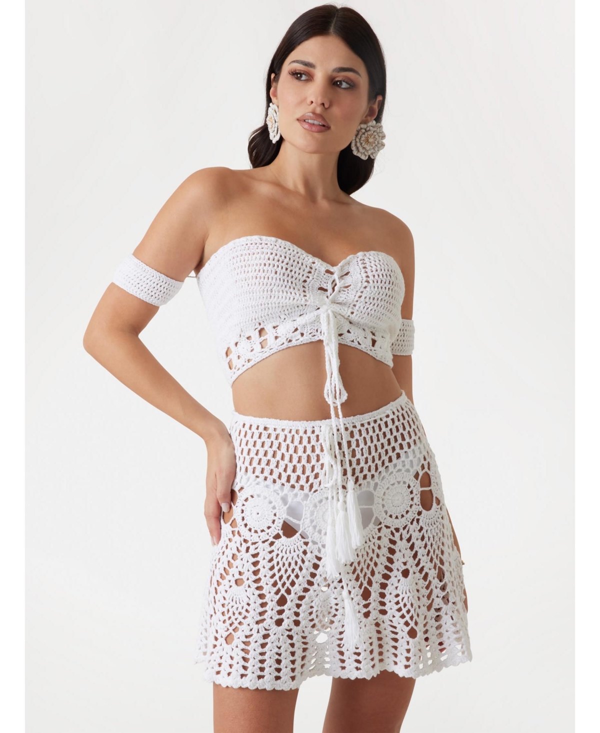 Click here for Guess Womens Crochet Crop Top - Pure white prices