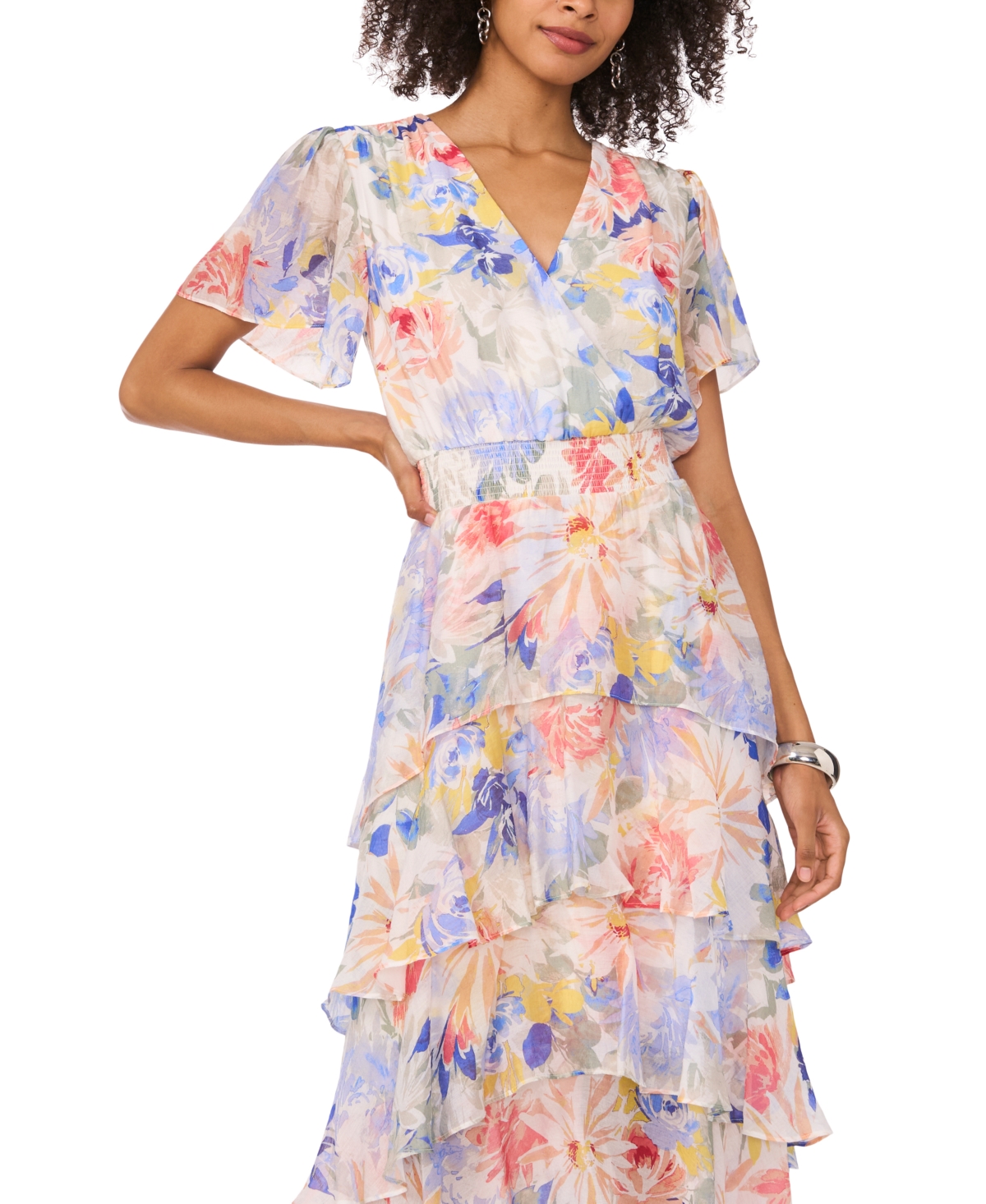 Vince Camuto Floral Print Flutter Sleeve Tiered Ruffle Midi Dress