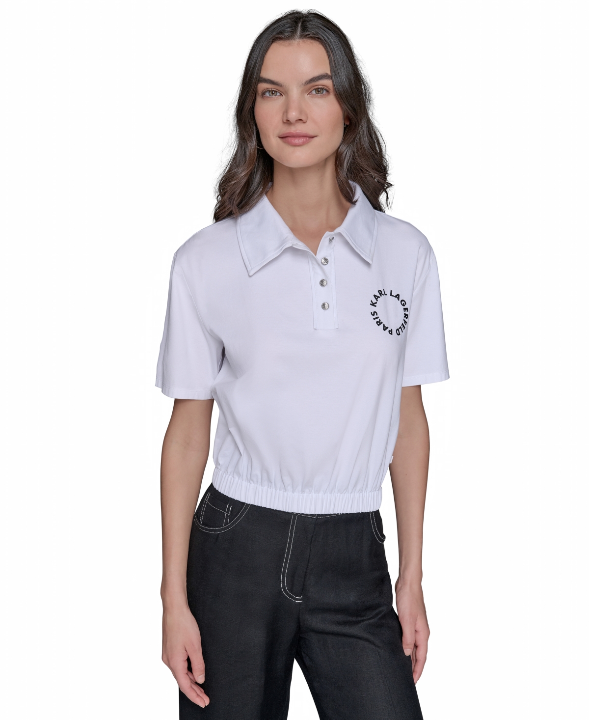Karl Lagerfeld Paris Womens Cropped Logo Polo - White