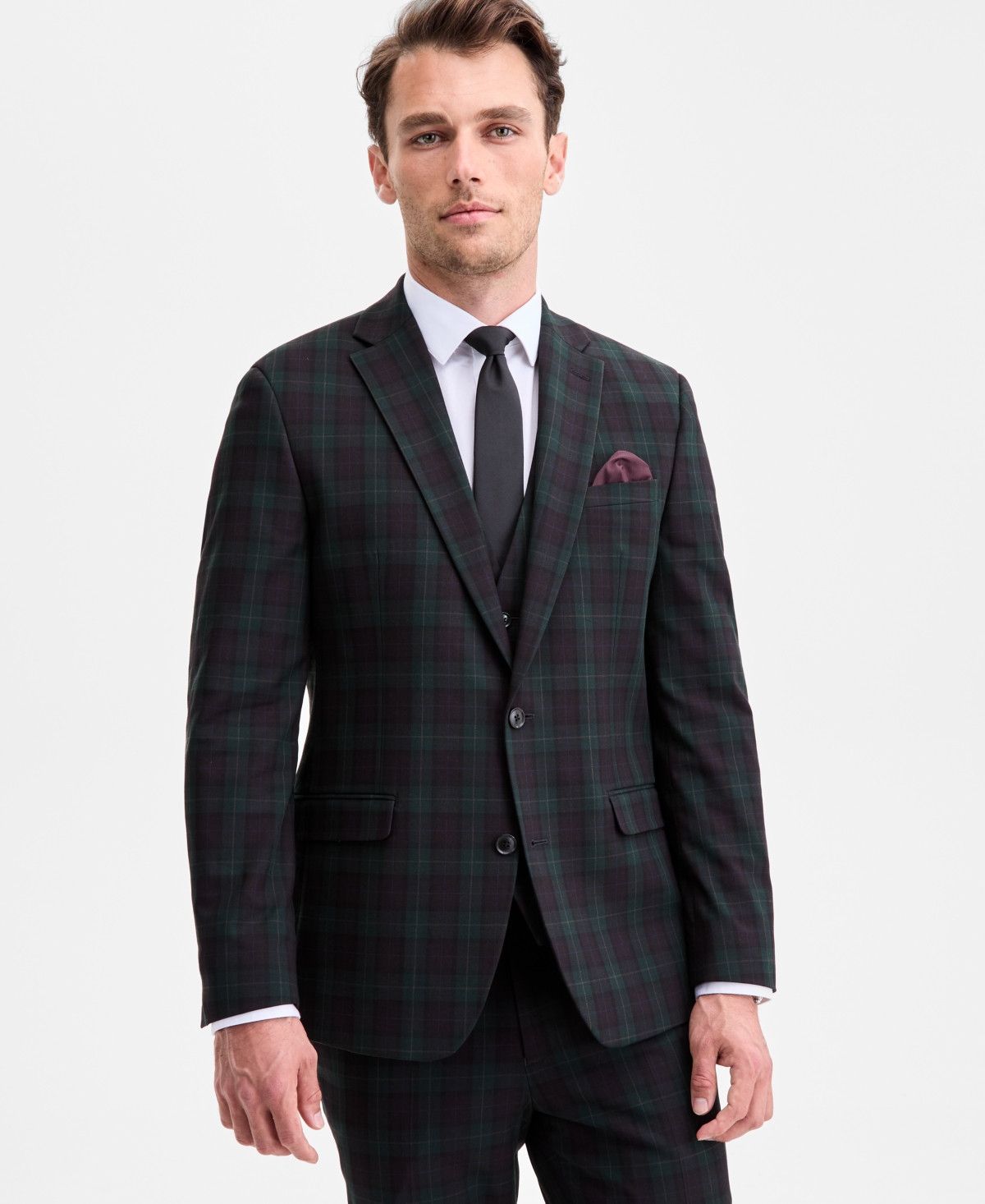 Click here for Bar Iii Mens Slim-Fit Green & Burgundy Plaid Suit... prices
