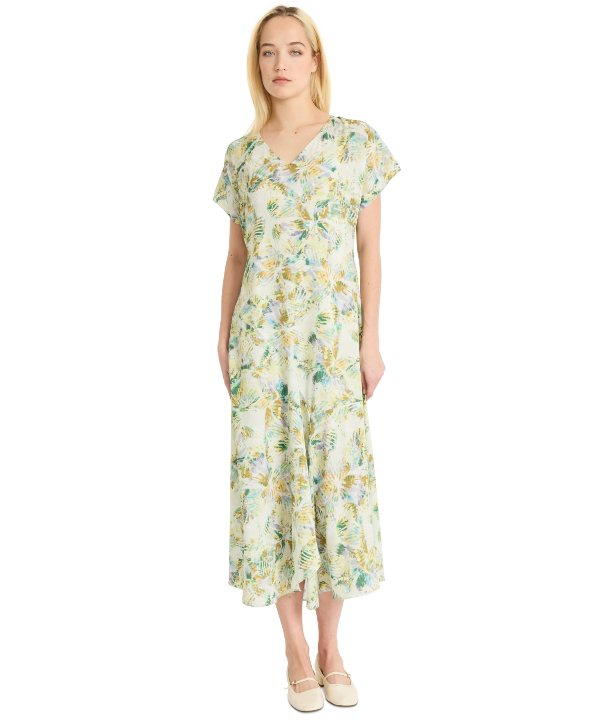 Click here for Luxely Womens Printed Raglan-Sleeve V-Neck Midi Dr... prices
