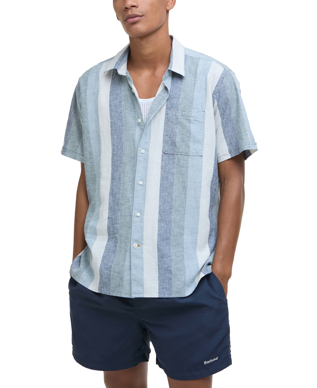 Click here for Barbour Mens Portwell Linen Summer-Fit Stripe Butt... prices
