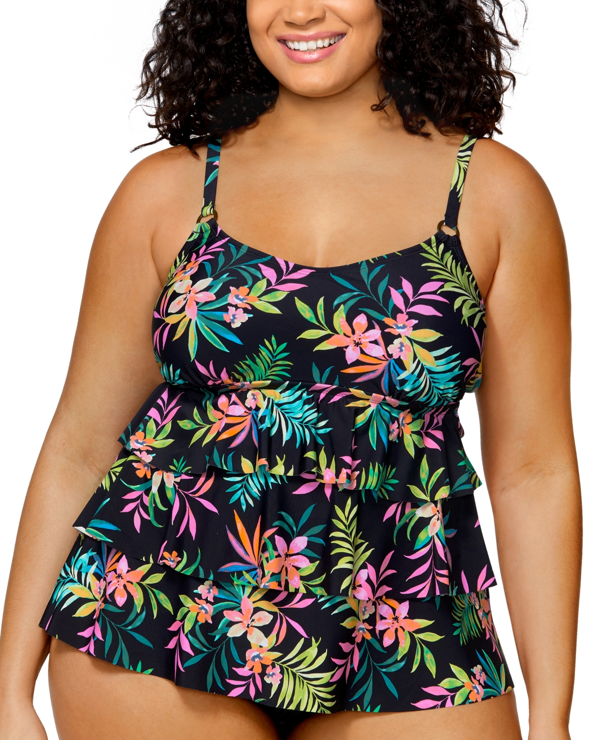 Click here for Island Escape Plus Size Printed Tiered Tankini Top... prices