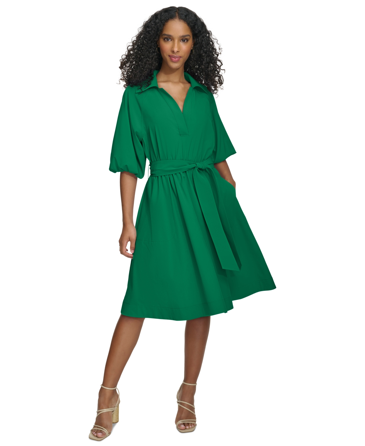 Click here for Calvin Klein Womens Belted Puffed-Sleeve Shirtdres... prices