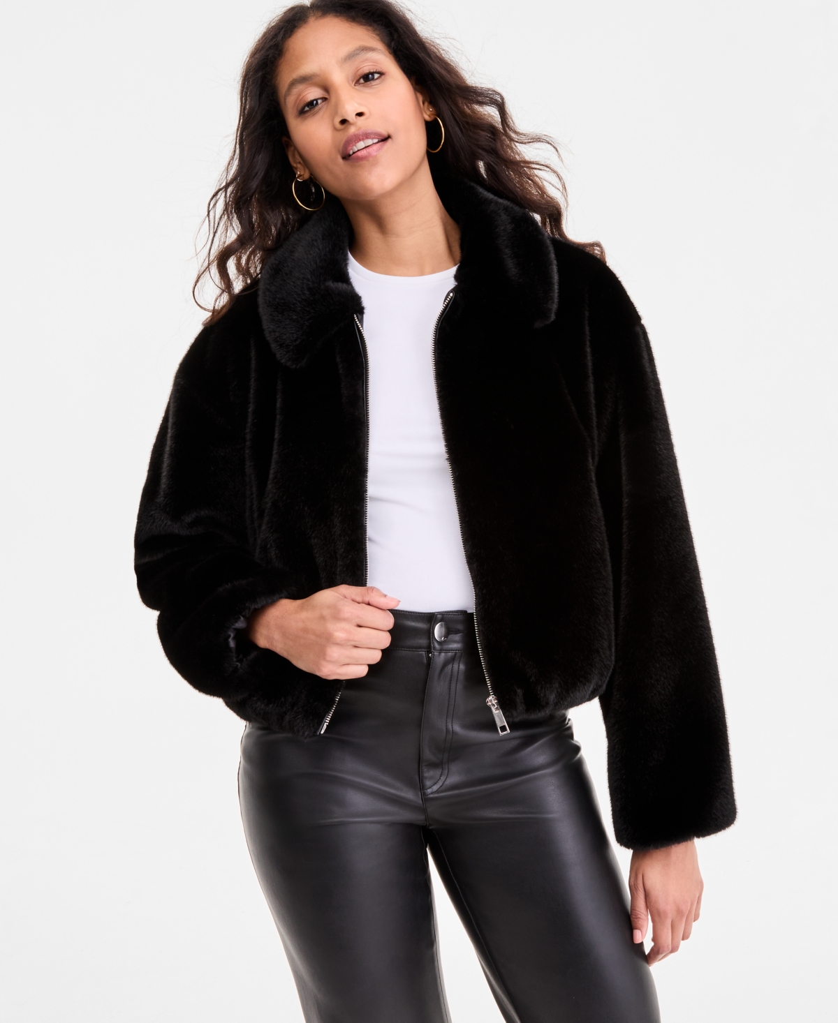 Click here for CeCe Petite Zip-Front Faux-Fur Bomber Jacket - Bla... prices