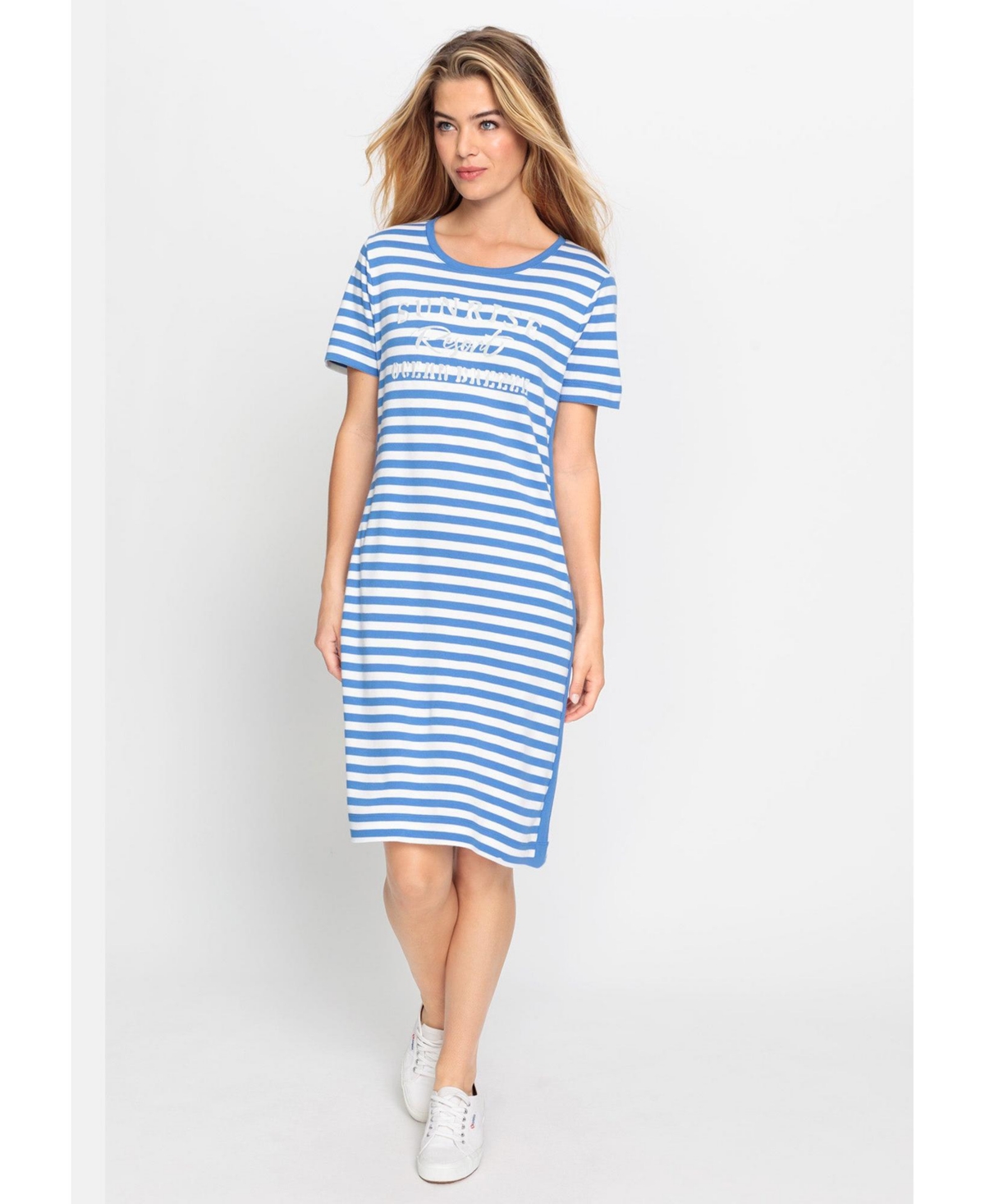 Click here for Olsen Womens Marina Striped Dress - Capri blue prices