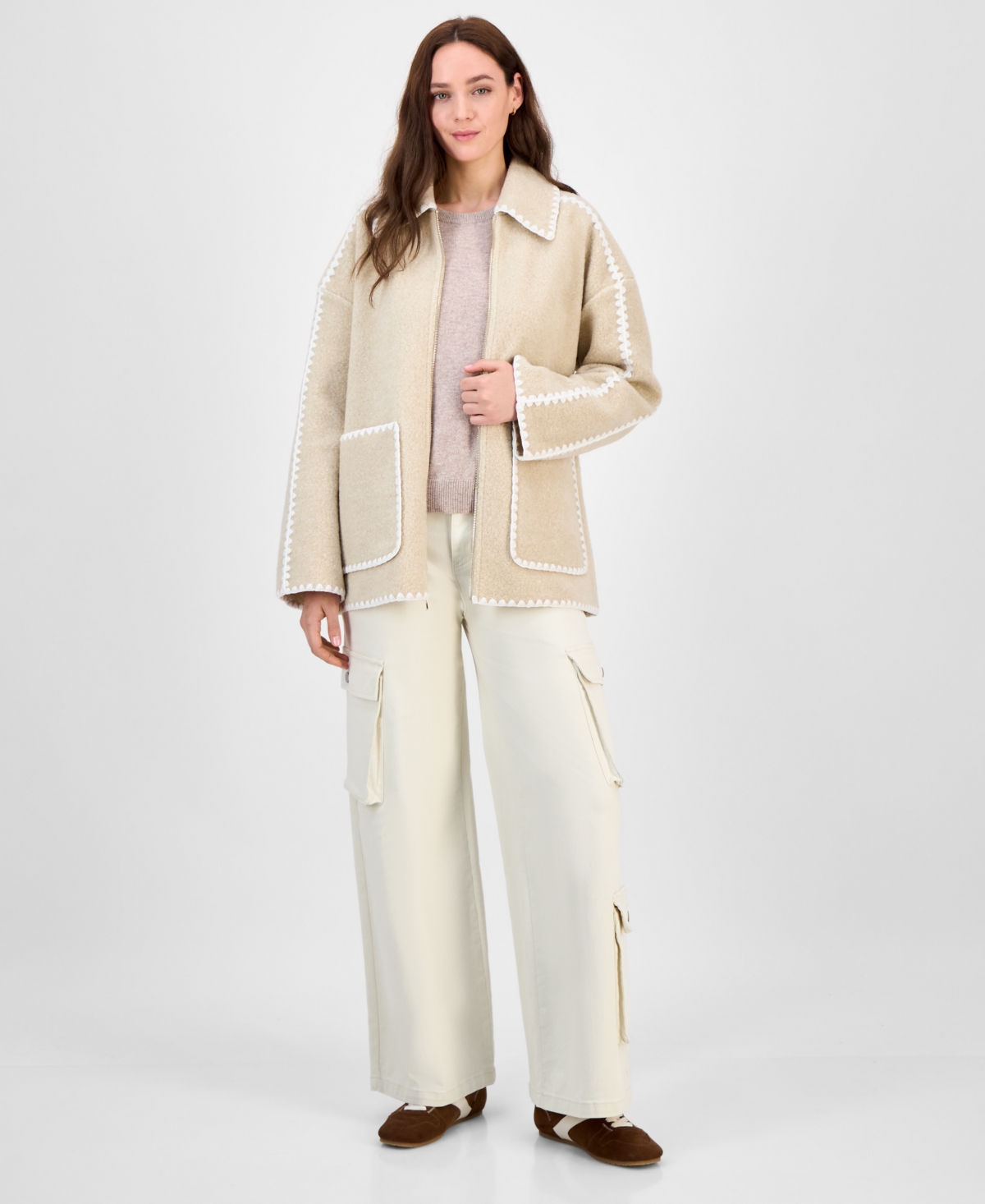 Click here for Bcbgmaxazria Womens Short Collared Zip Coat - Oatm... prices