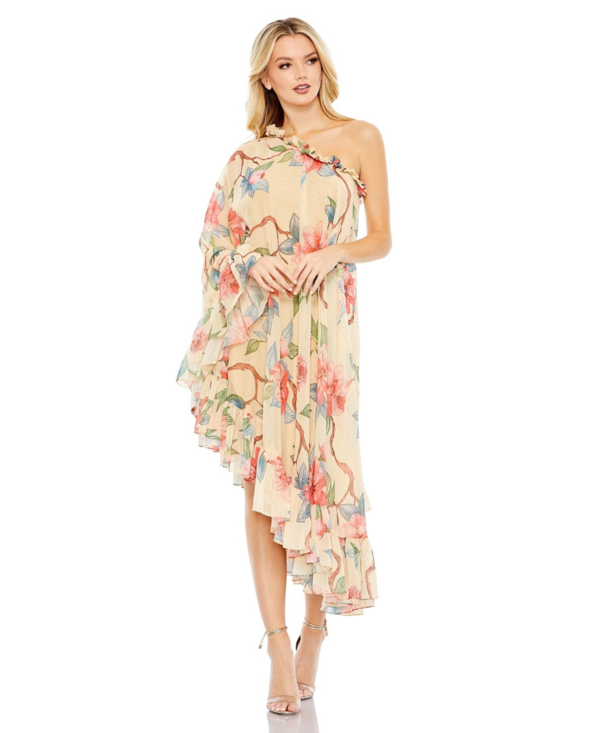 Click here for Mac Duggal Womens Floral Print One Shoulder Cape D... prices
