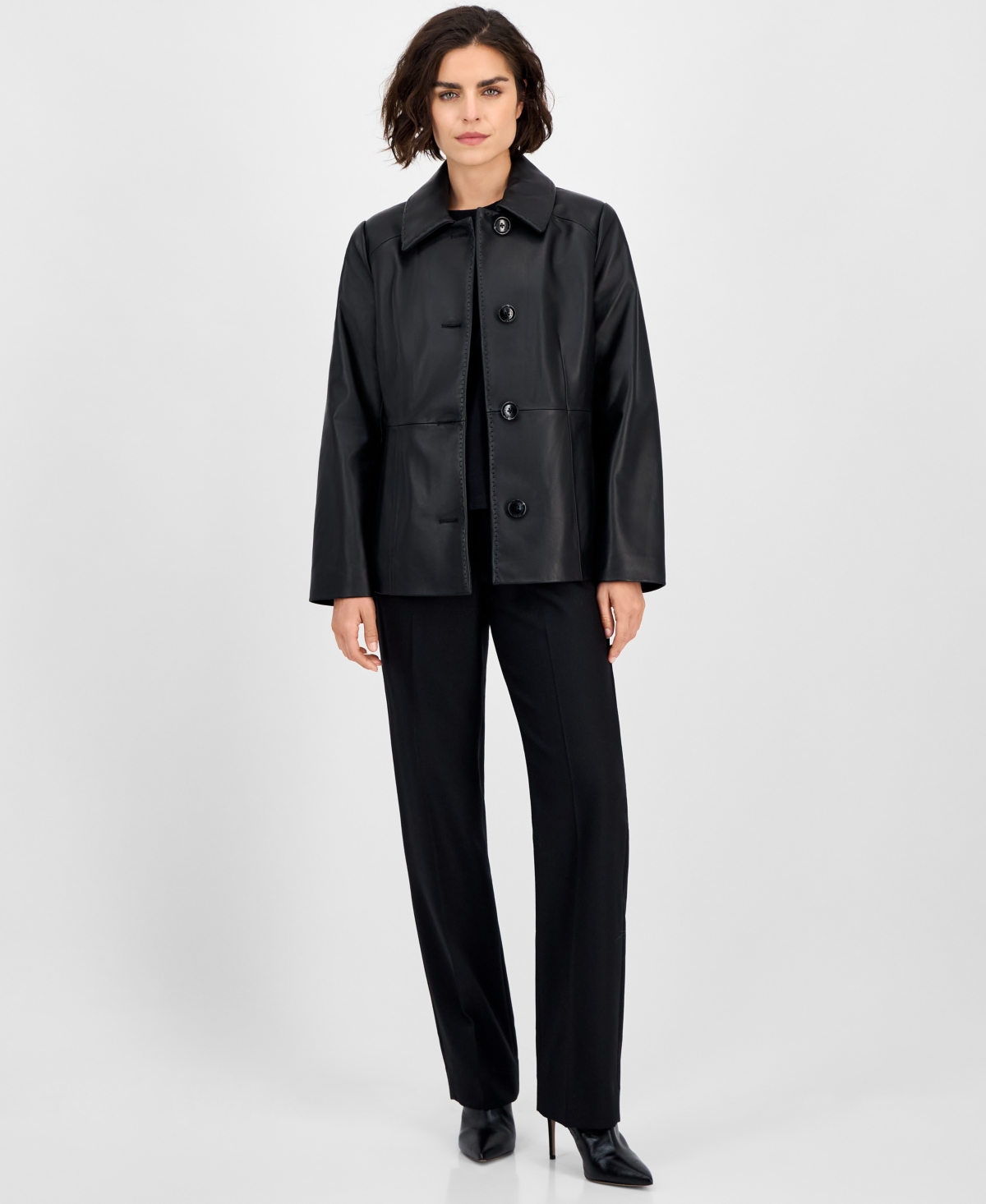 Click here for Anne Klein Womens Single-Breasted Leather Coat - B... prices