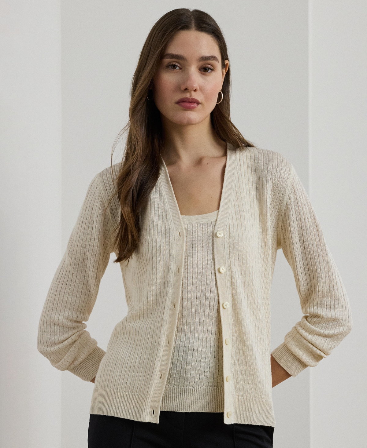 Click here for Lauren Ralph Lauren Womens Rib-Knit Linen-Blend V-... prices