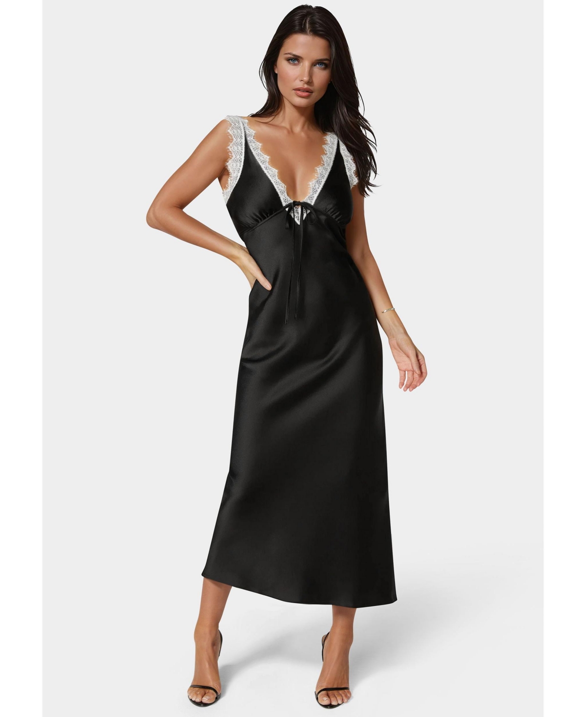Click here for Bebe Womens Lace Detail Satin Slip Dress - Black w... prices