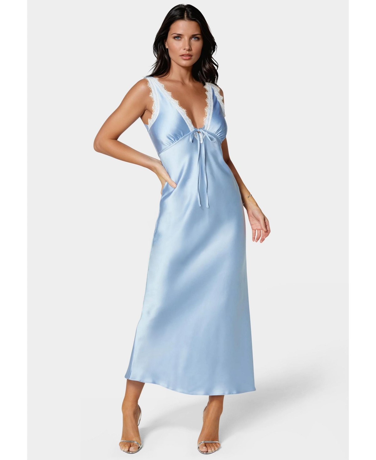 Click here for Bebe Womens Lace Detail Satin Slip Dress - Blue wh... prices