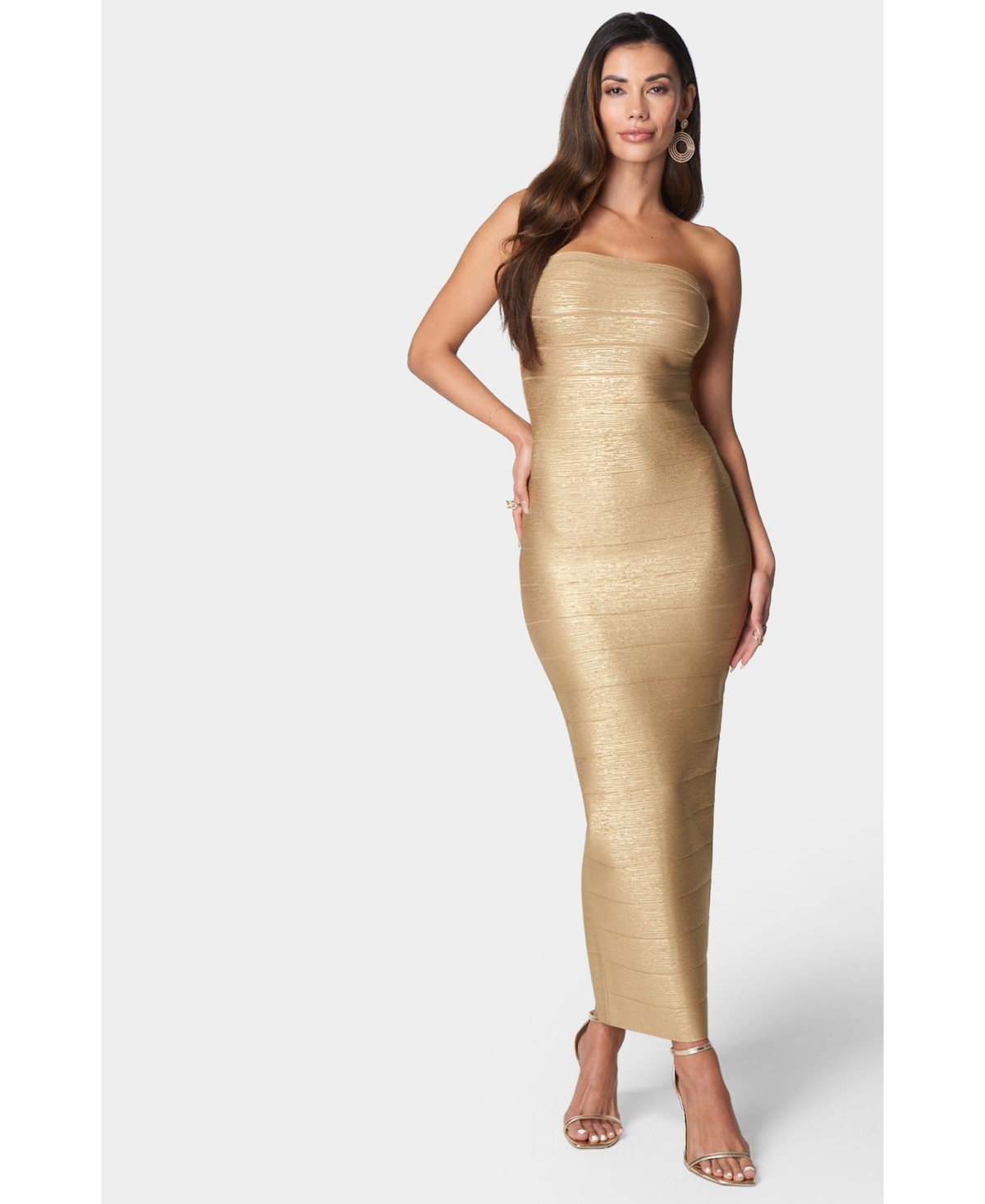 Click here for Bebe Womens Long Strapless Bandage Dress - Gold prices