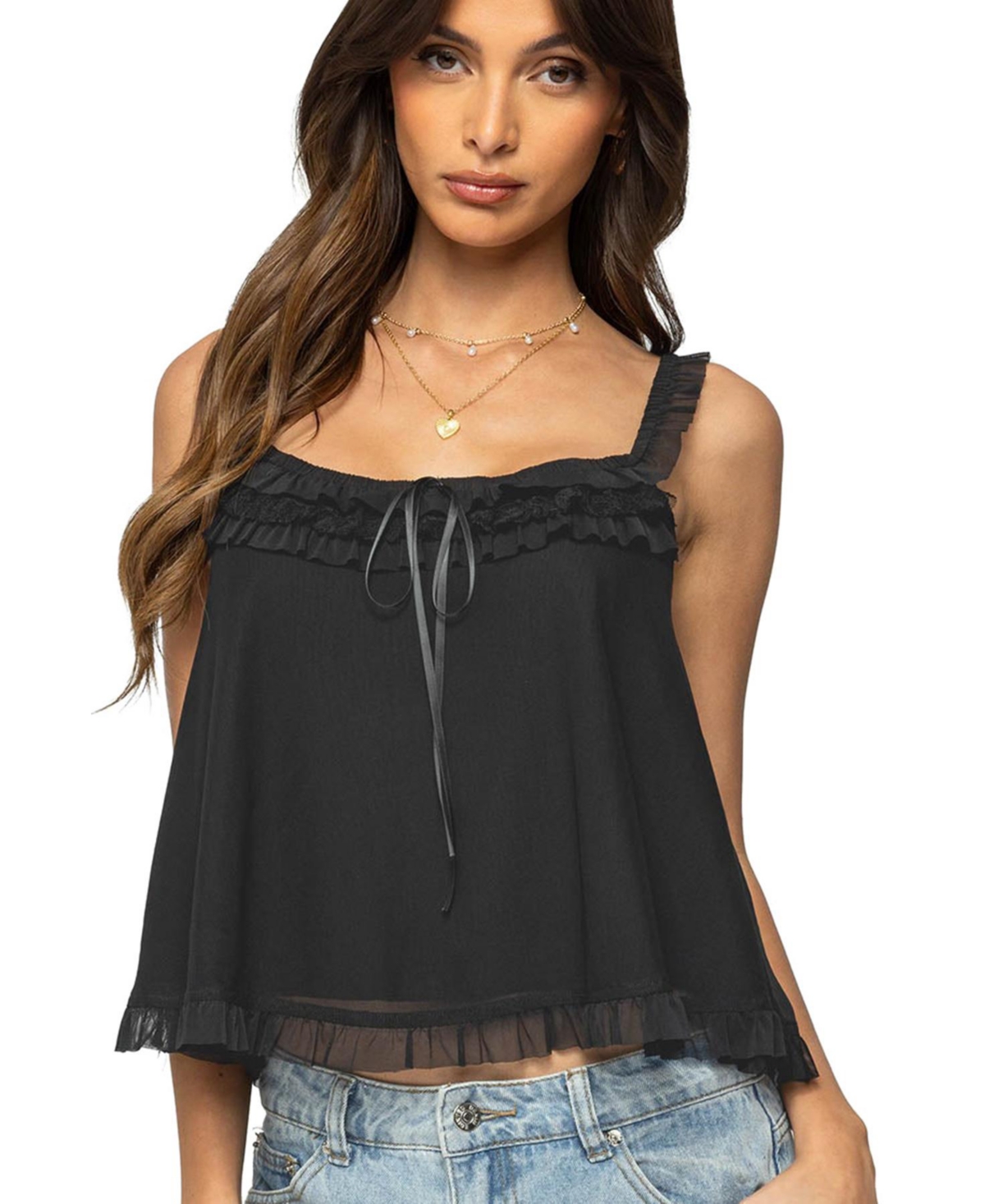 Click here for Edikted Womens Ruffle Mesh Babydoll Tank Top - Bla... prices