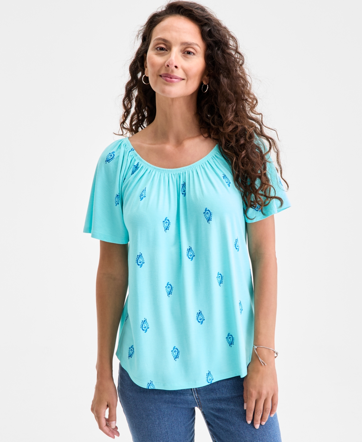 Click here for Style & Co Womens Printed Shirred Scoop-Neck Top... prices