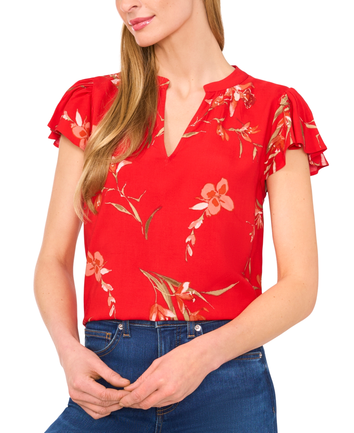 Click here for CeCe Womens Floral Print Flutter-Sleeve Blouse - F... prices