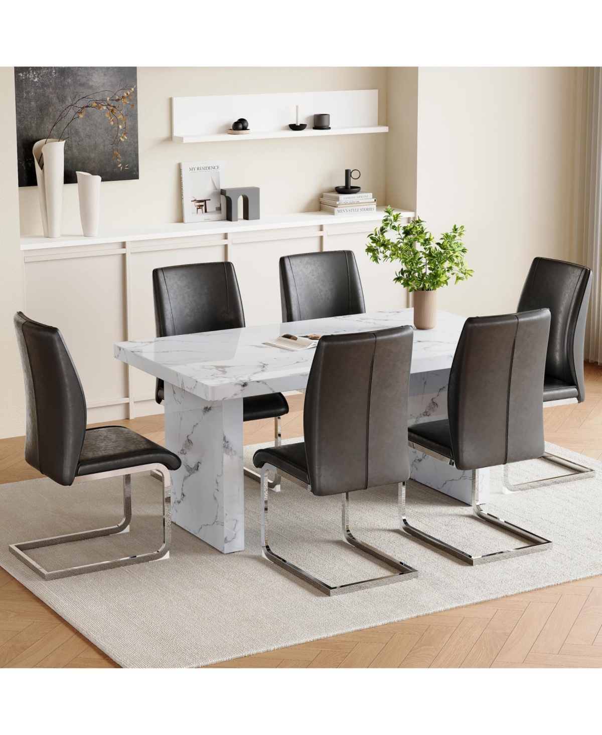 Click here for White Marble Table & Gray Pu Chairs - 6 Seat Dinin... prices