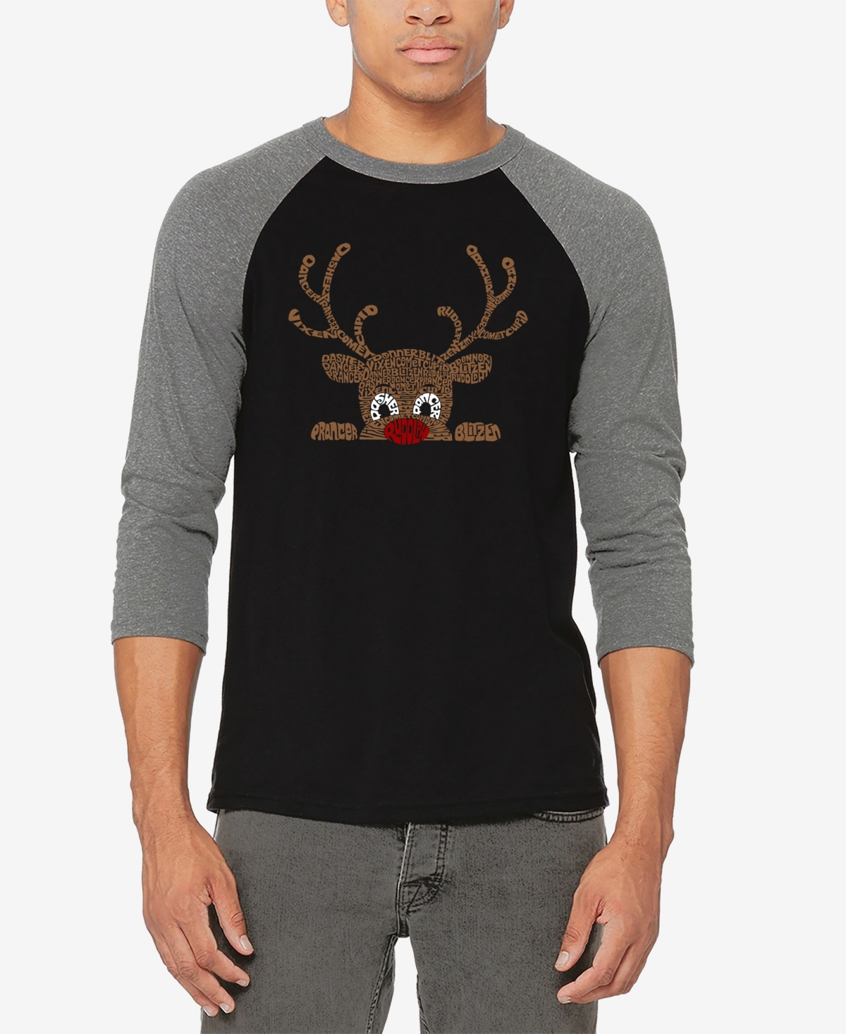 Click here for La Pop Art Mens Peeking Reindeer Raglan Baseball W... prices