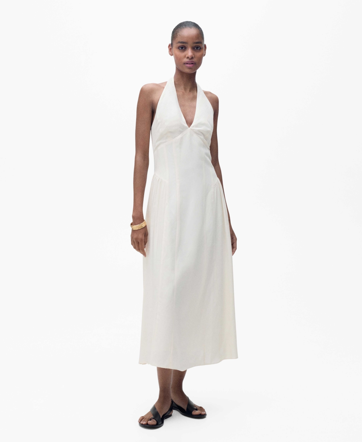 Click here for Mango Womens Halter-Neck Linen Dress - Off White prices