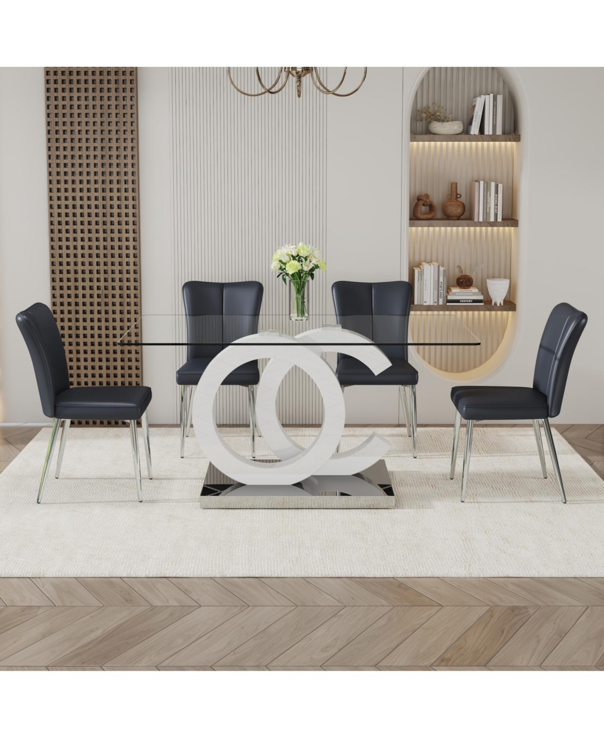 Click here for Glass Dining Table with 4 Pu Chairs in Black Strip... prices