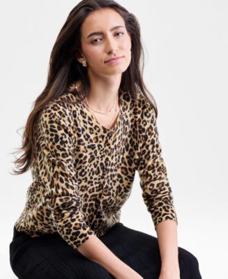 Charter Club Women's 100% Cashmere Leopard-Print Crewneck Cardigan, Macy's Exclusive - Macy's