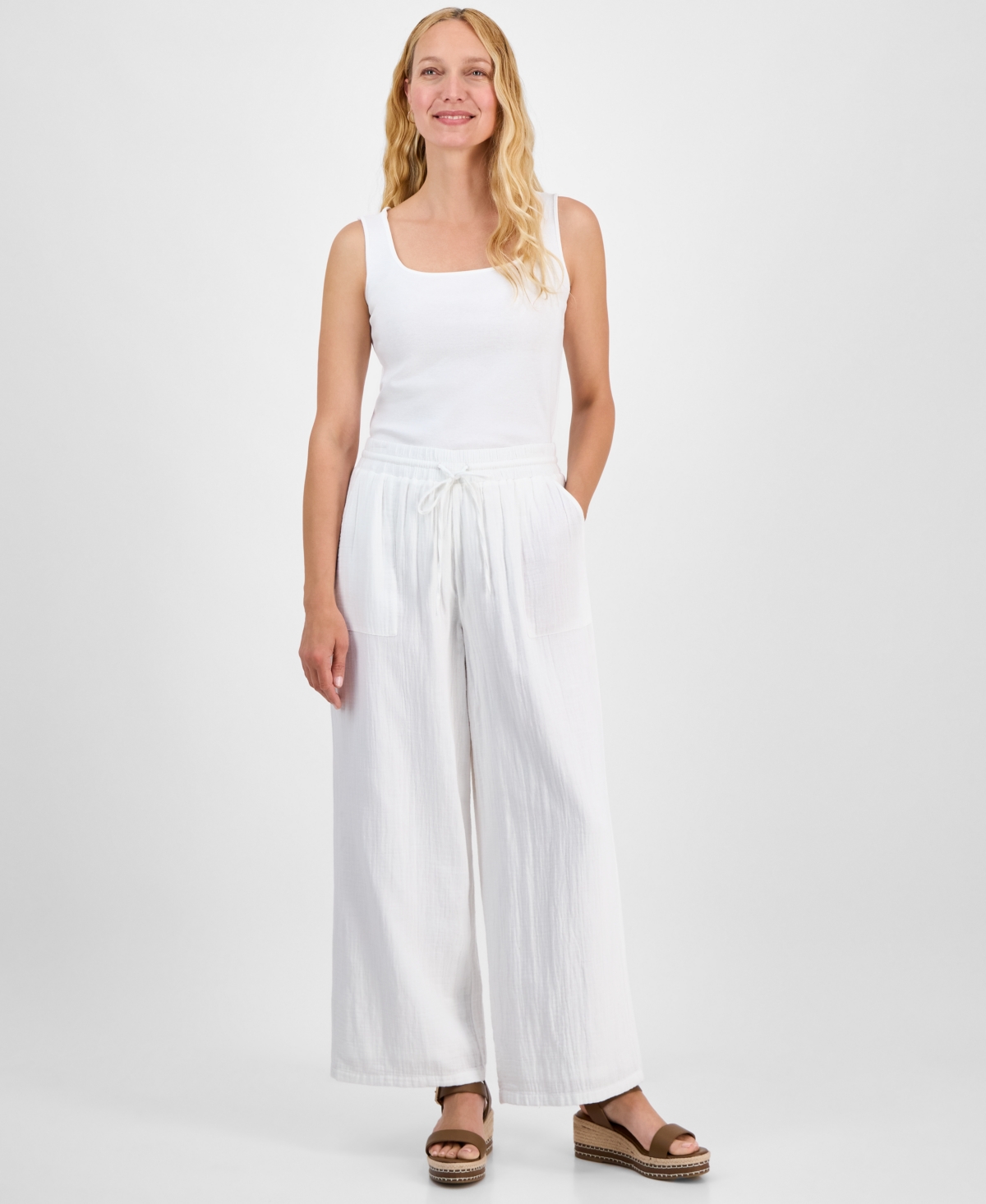 Click here for Style & Co Womens Cotton Gauze Wide-Leg Pants  Cre... prices