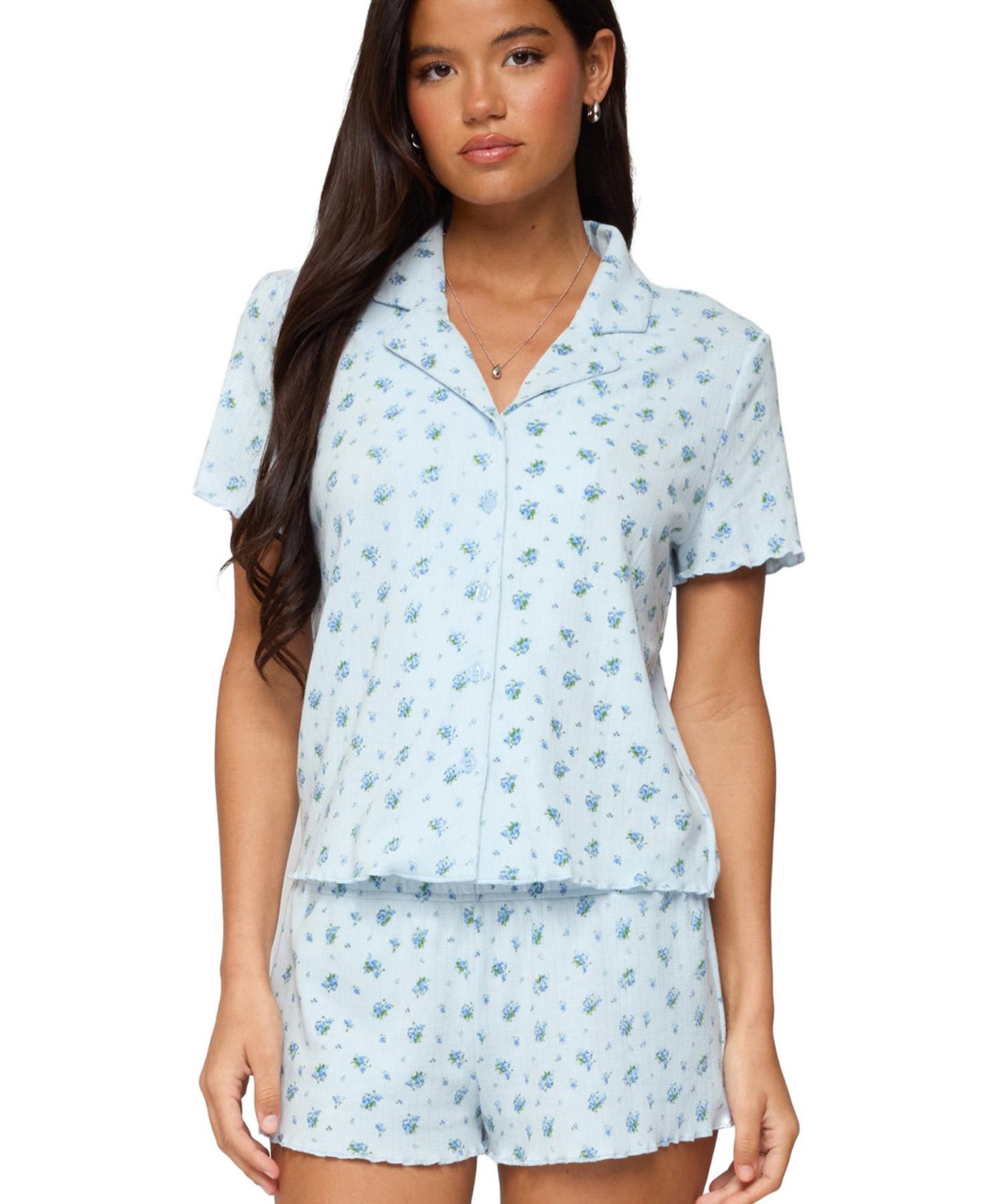 Edikted Womens Camden Floral Pointelle Button Up Shirt - Light-blue