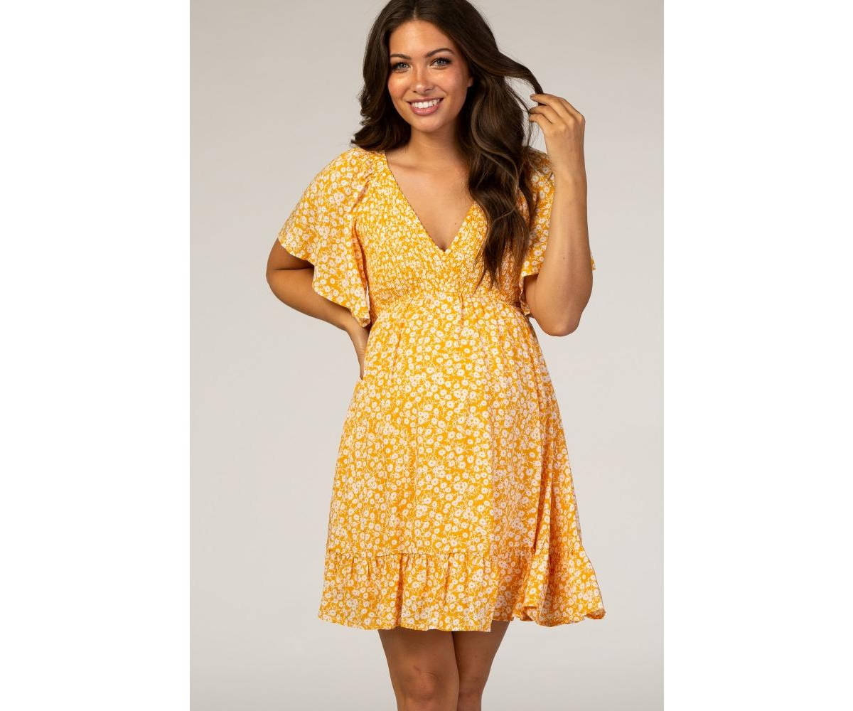 Click here for Pinkblush Maternity Yellow Floral Smocked Ruffle D... prices