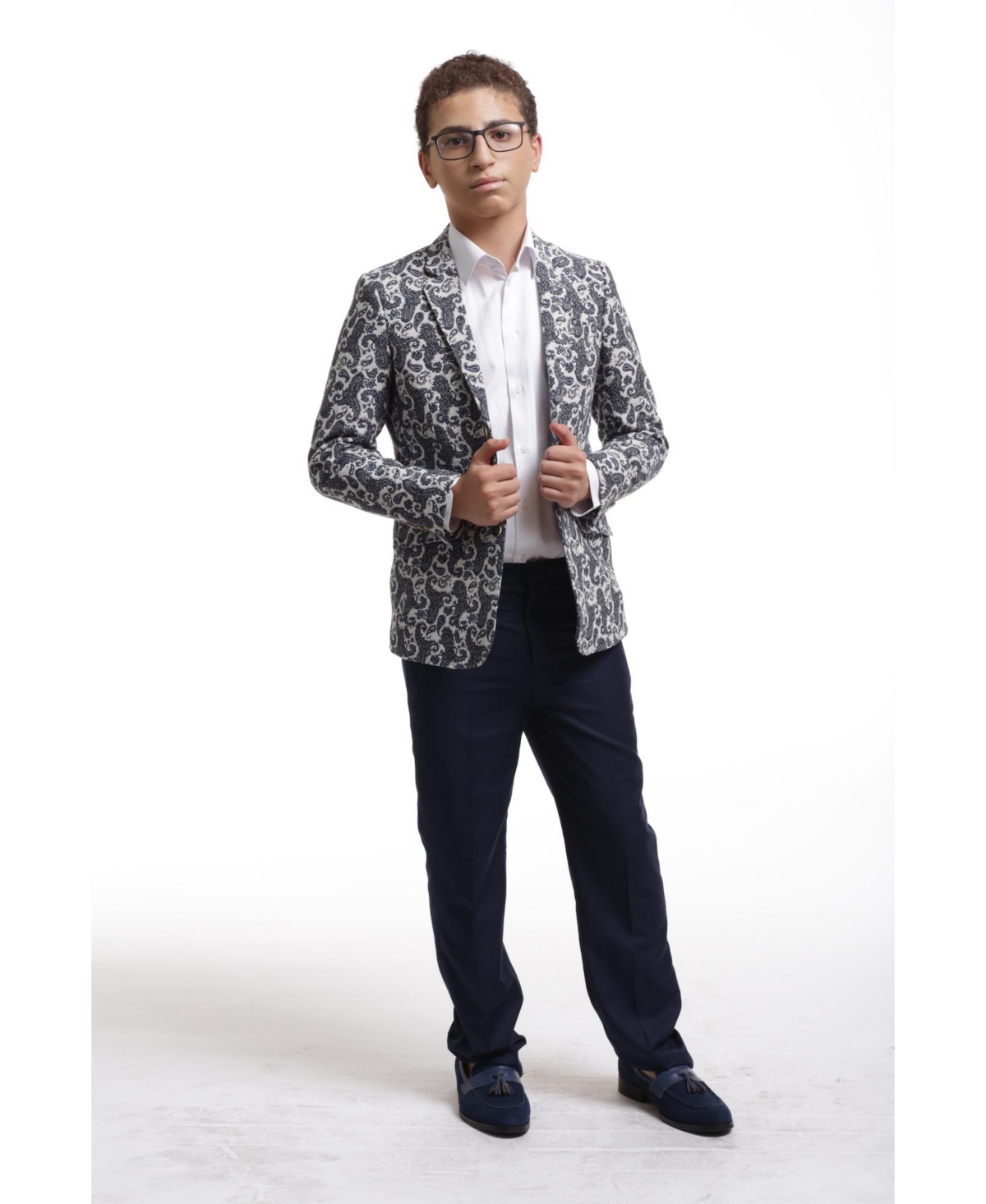 Click here for Elie Balleh Boys Navy Slim Fit Brocade Blazer - Na... prices
