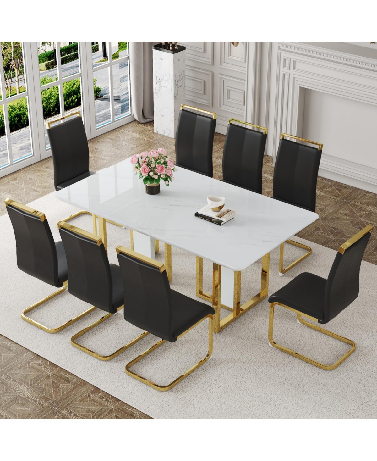 Click here for White Marble Dining Set with 8 Black Chairs (67x36... prices
