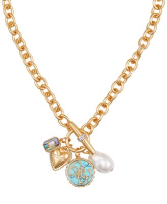 GUESS Gold-Tone Mixed Stone Multi-Charm 18" Pendant Necklace - Macy's