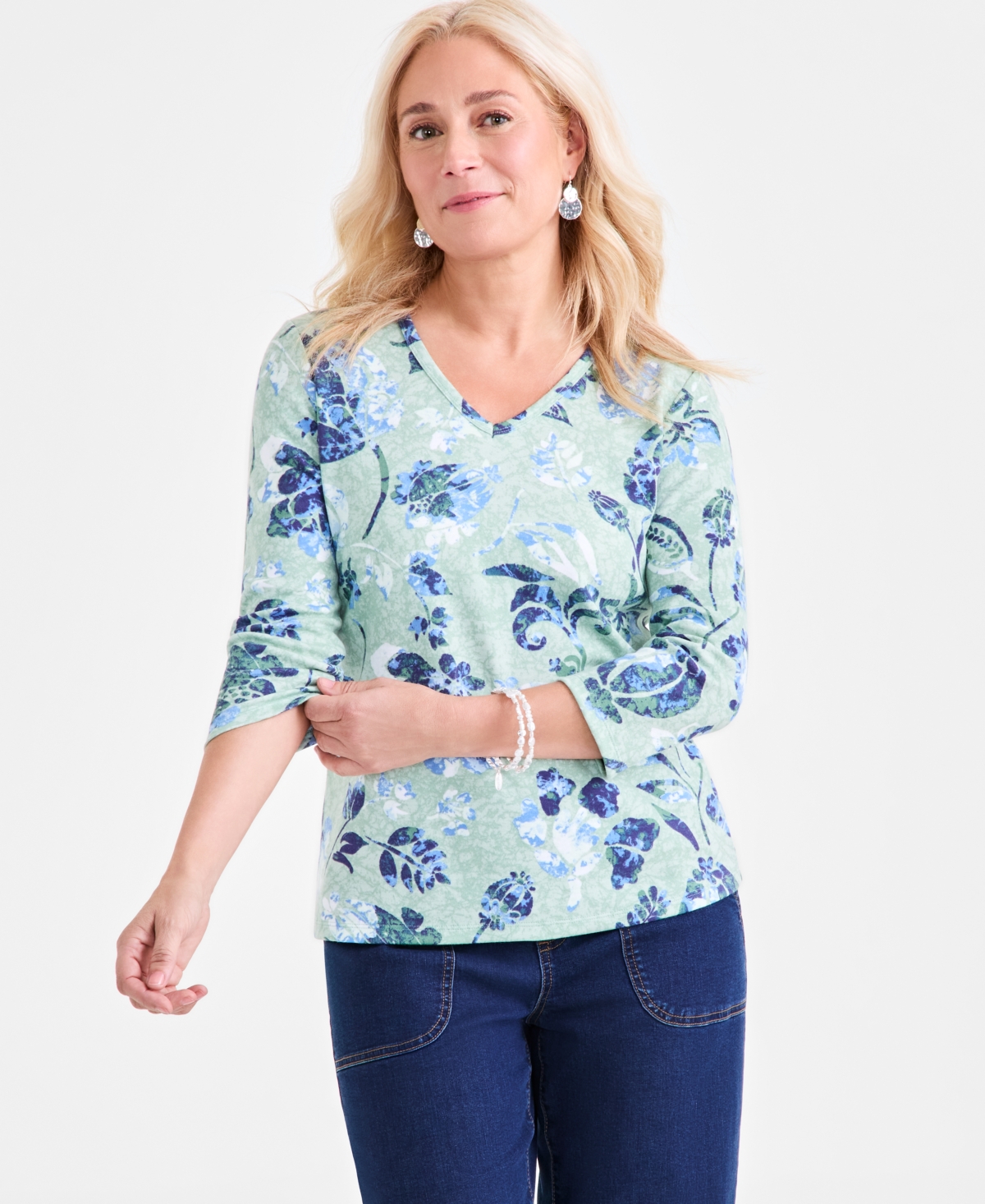 Click here for Style & Co Womens Printed 3/4-Sleeve V-Neck Knit T... prices