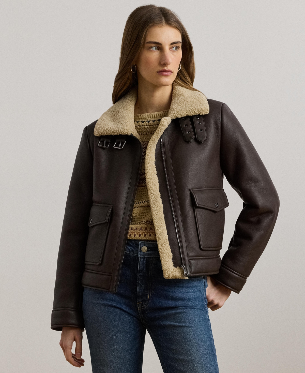 Click here for Lauren Ralph Lauren Womens Fleece-Collar Faux-Leat... prices