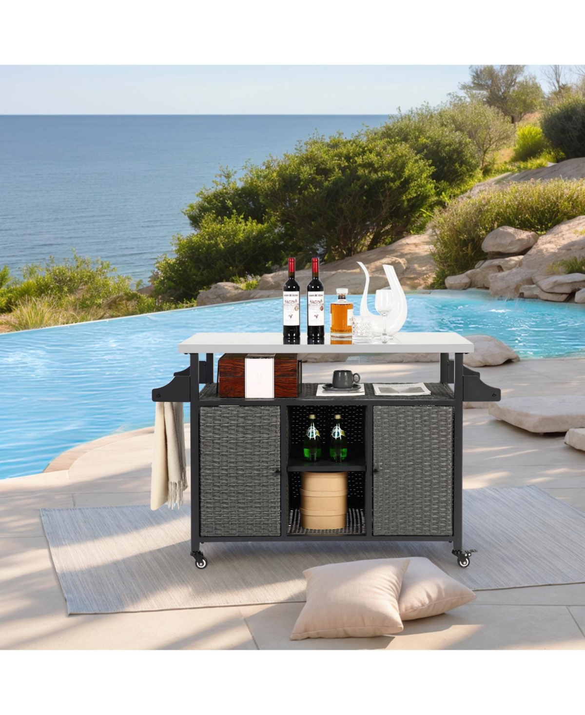 Click here for Outdoor Wicker Rolling Cart with Stainless Steel T... prices