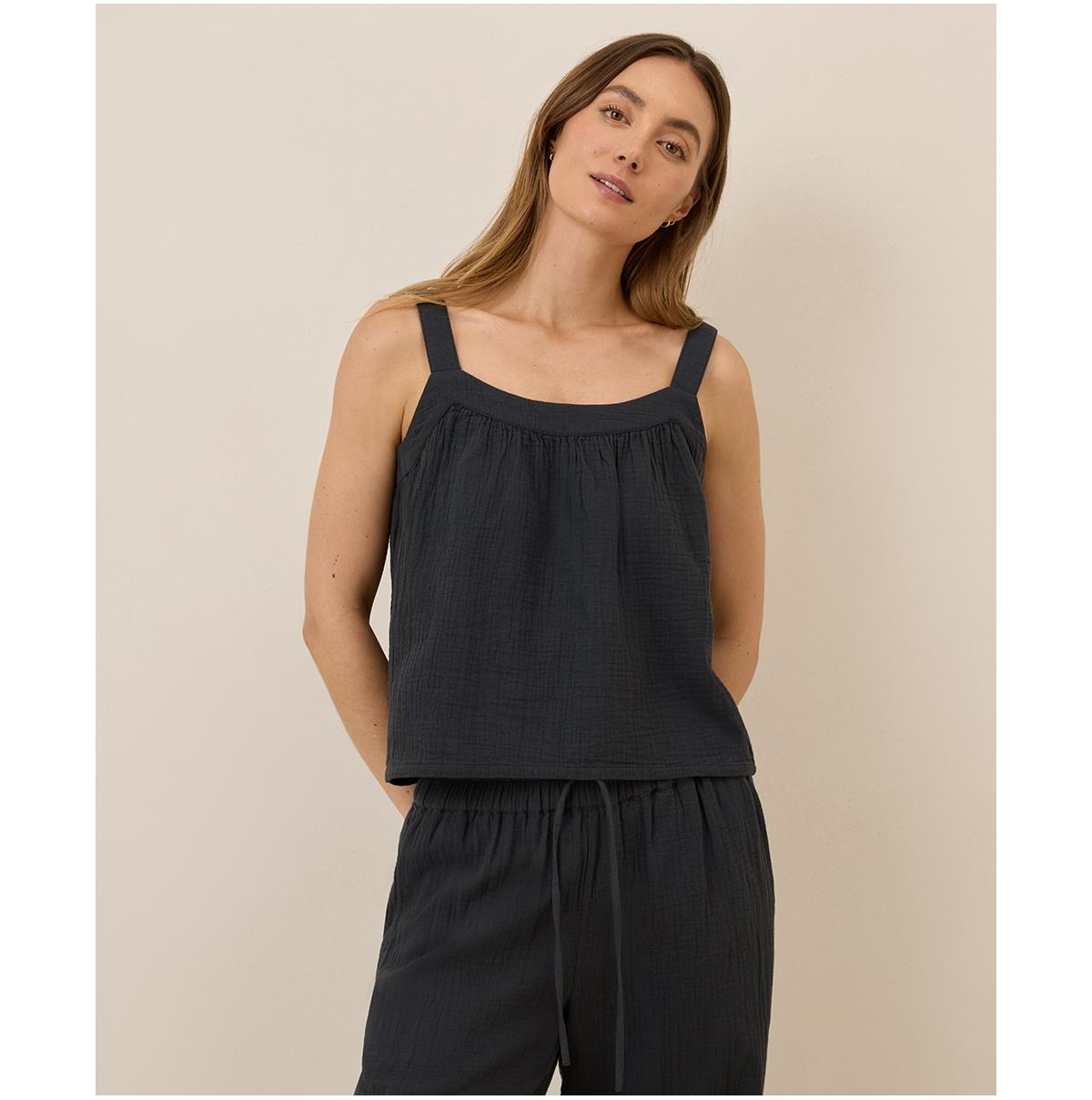 Pact Womens Organic Cotton Coastal Double Gauze Square Neck Cami - Black