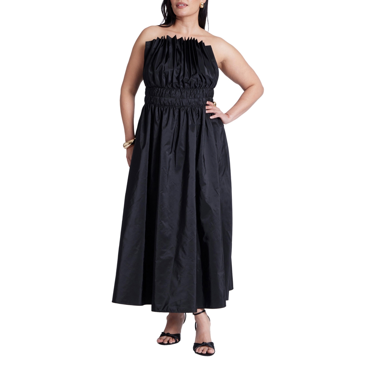 Eloquii Womens Plus Size Pleated Ruffle Neckline Midi Dress - Black onyx