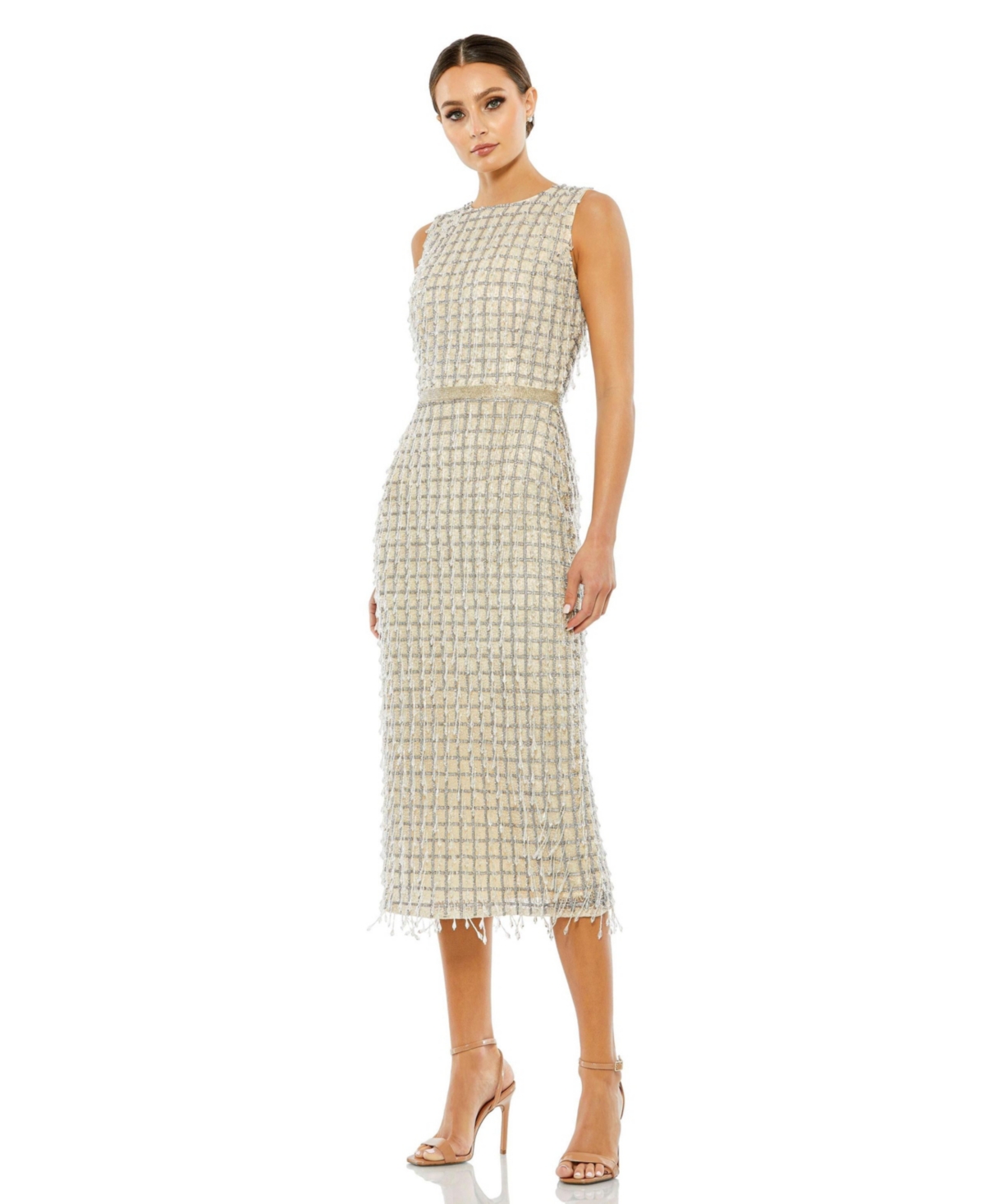 Mac Duggal Womens Sleeveless High Neck Beaded Midi Sheath Dress - Nude