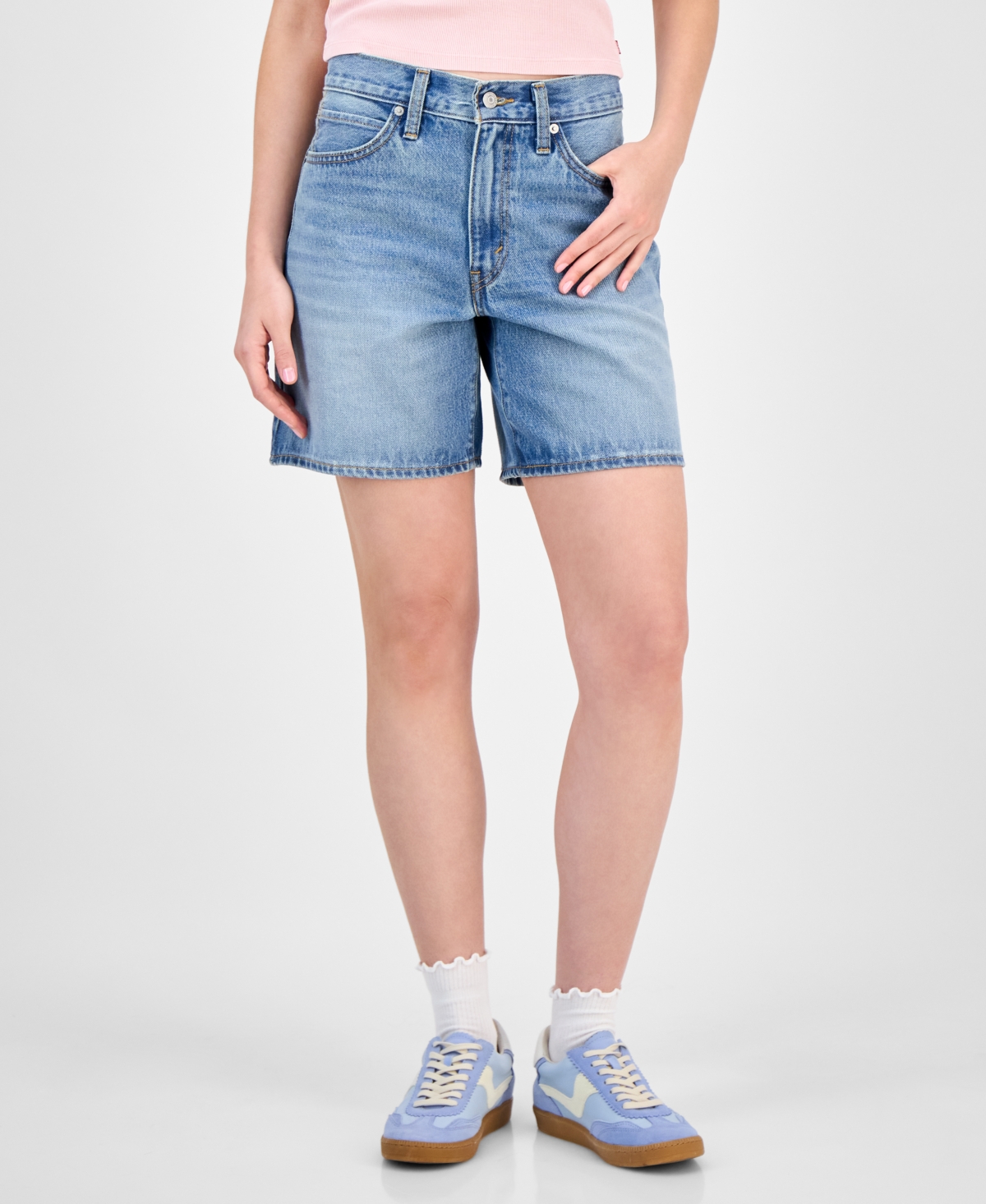 Click here for Levis Womens Mid-Rise 94 Baggy Denim Shorts - Stud... prices