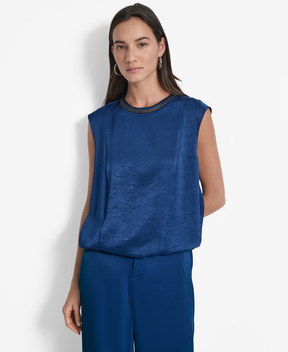 Click here for Dkny Womens Crinkle-Texture Chain-Neck Top - Cadet... prices