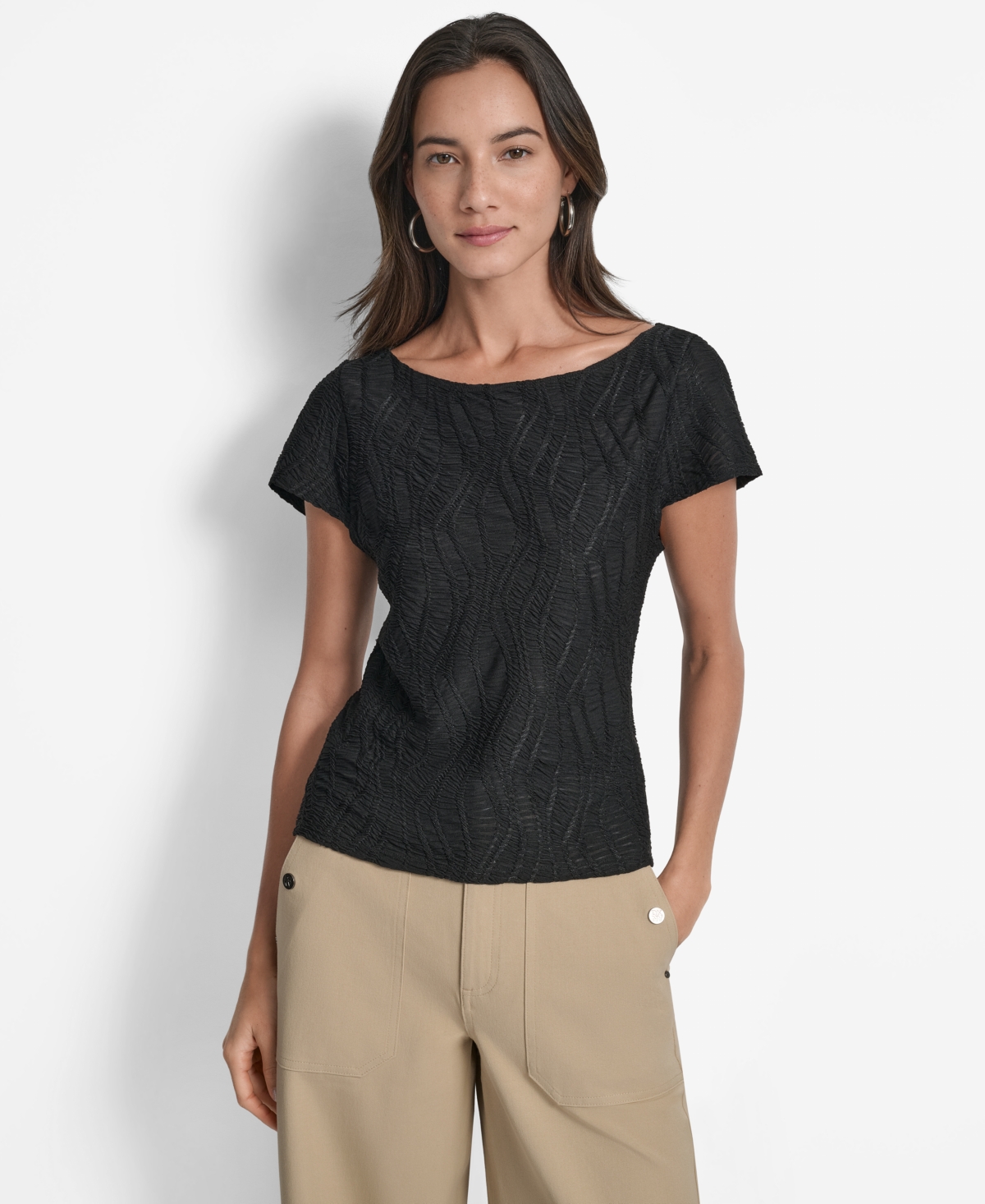 Click here for Dkny Womens Textured Boat-Neck Short-Sleeve Top -... prices