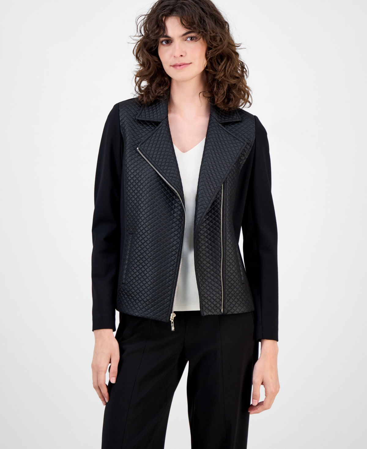 Click here for Anne Klein Womens Asymmetrical Mixed-Media Moto Ja... prices