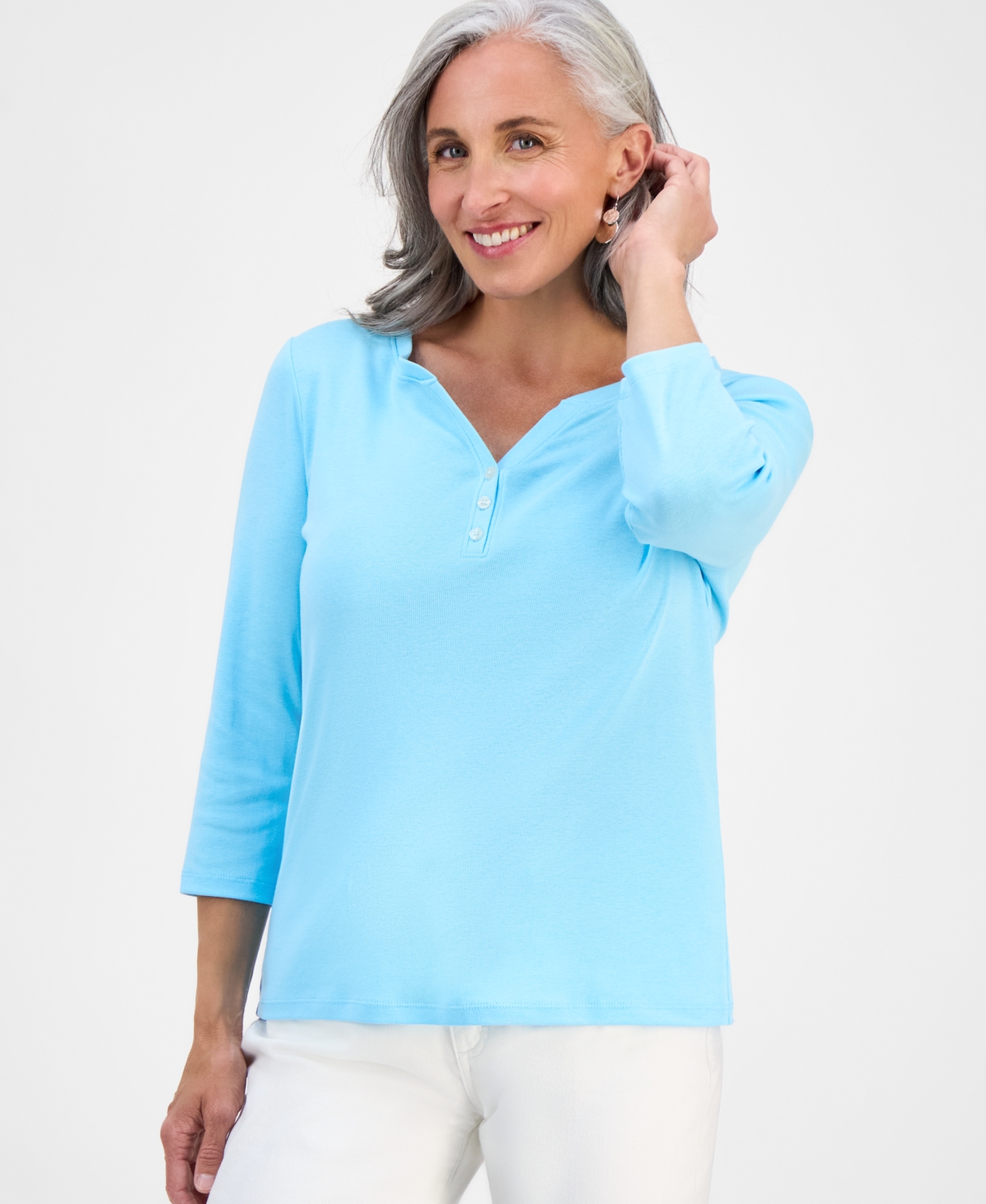 Style & Co Petite Cotton Knit Henley 3/4-Sleeve Top  Created for Macys - Aquatone