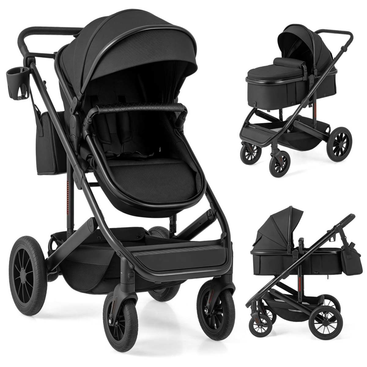 Slickblue Toddler 3-in-1 Folding Convertible Newborn Stroller with Detachable Bassinet - Black