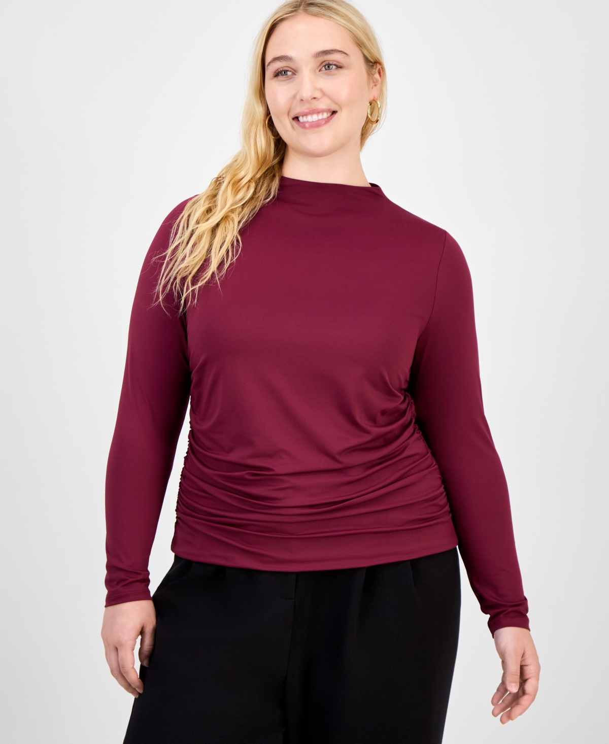 Click here for Bar Iii Trendy Plus Ruched Mock-Neck Long-Sleeve T... prices