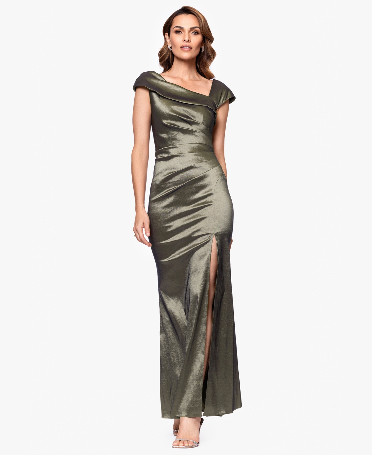 Click here for Xscape Petite Asymmetrical-Neckline Long Sheath Dr... prices