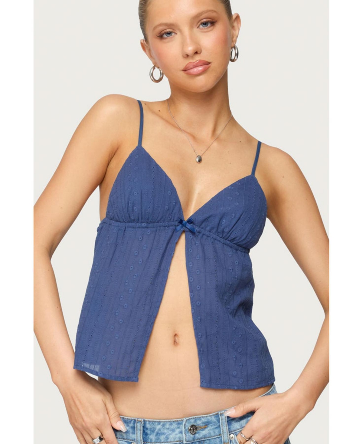 Edikted Womens Otis Eyelet Split Front Tank Top - Navy