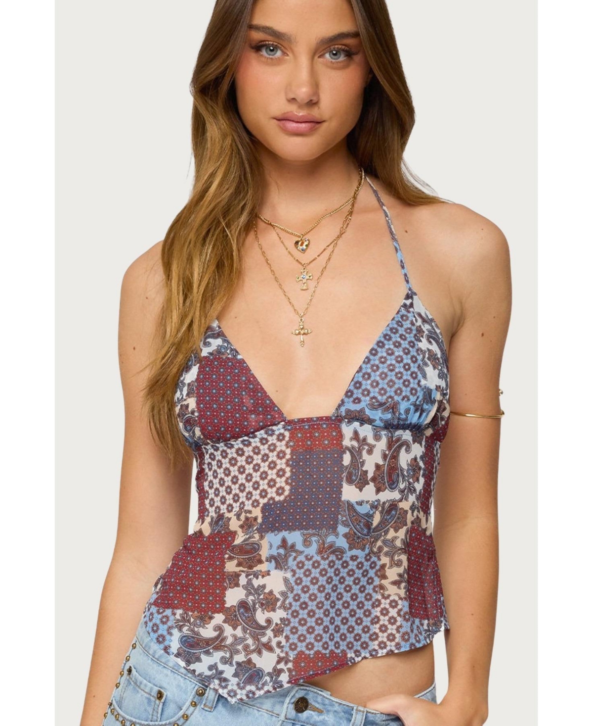 Click here for Edikted Womens Mixed Patchwork Backless Halter Top... prices