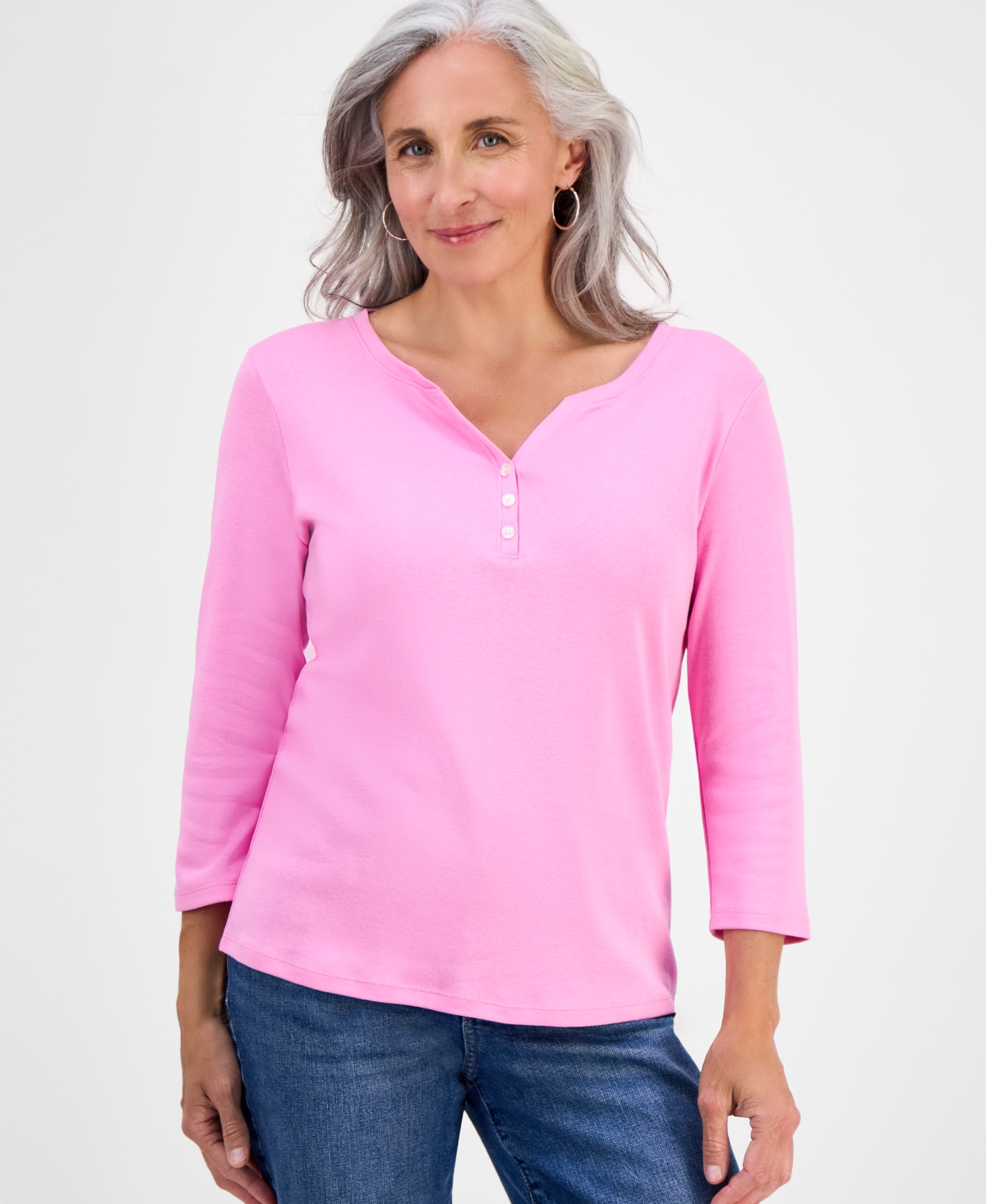 Click here for Style & Co Petite Cotton Knit Henley 3/4-Sleeve To... prices